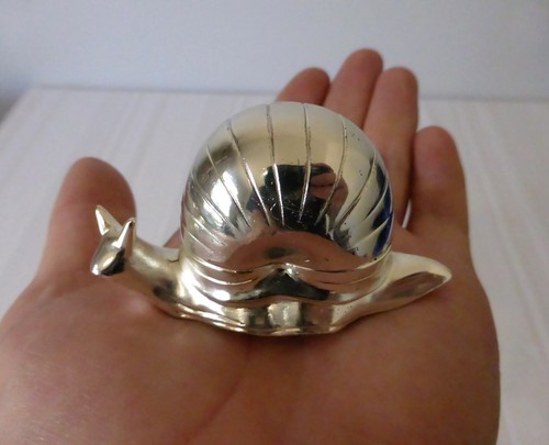JAPAN Vintage 2.75" Silver plate metal figurine SNAIL MUSTARD POT DISH ...