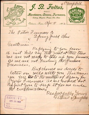 J B Feltus - Oelwein Iowa 1902 - Hardware Stoves Furnaces - Letter Head ...