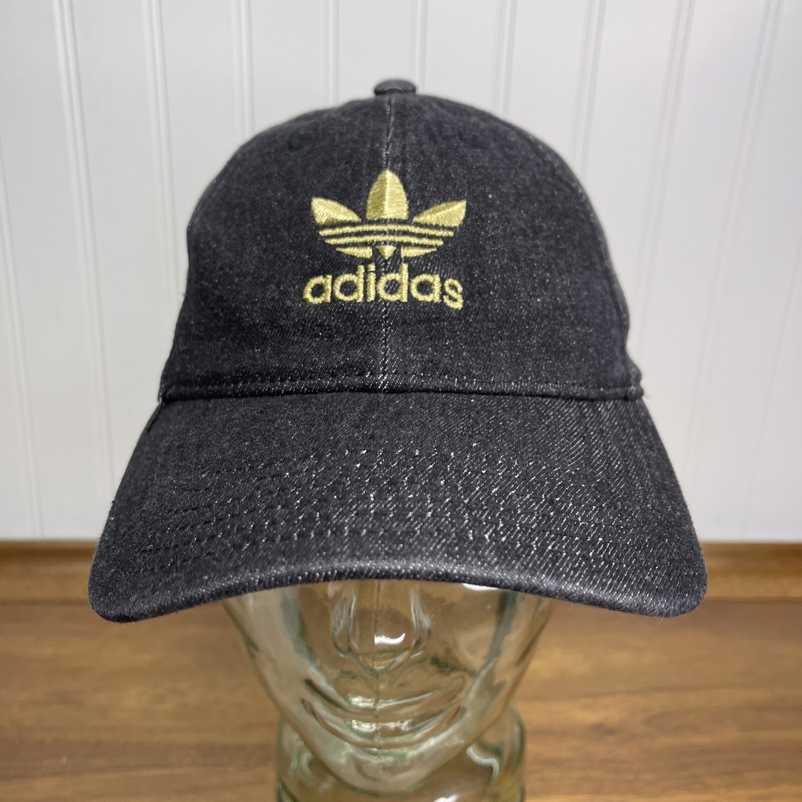 Adidas Dad Hat Cap Black Cotton Denim With Gold Trefoil Logo Adjustable ...