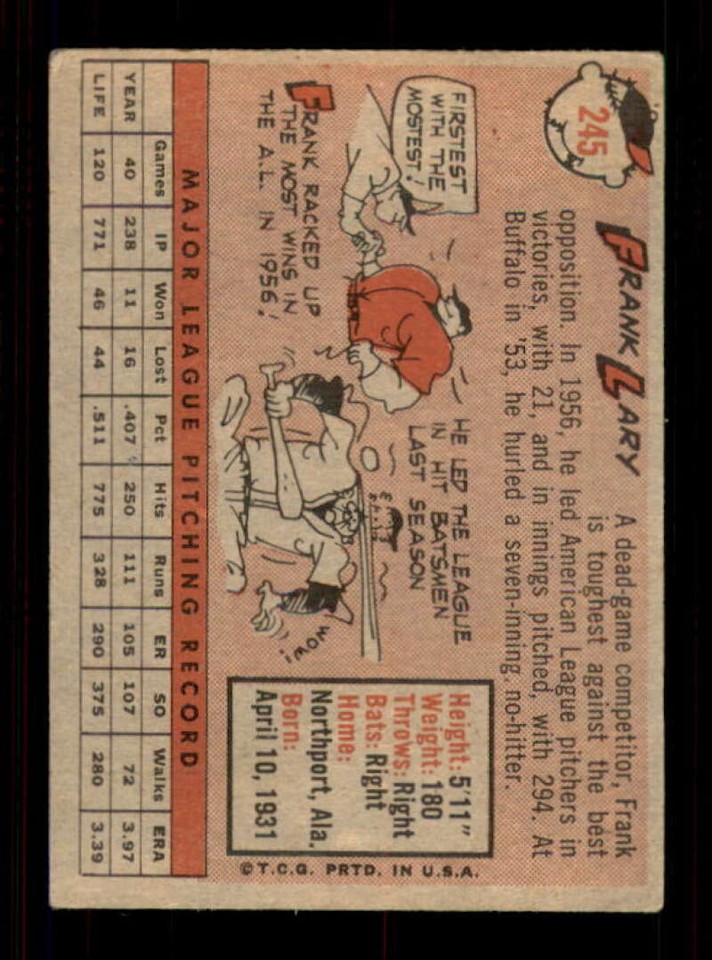 1958 Topps #245 Frank Lary VGEX Tigers 536619 | eBay