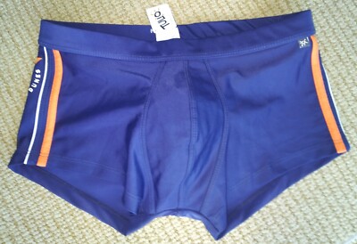 TULIO Brazil 'Racing Stripes' Men's Square Cut Swim Suit M 30-32 Navy w ...