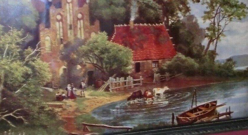 R. Atkinson Fox, Pilgrims, Cows, Water, Boat, Cottage, 15"x11"Framed ...
