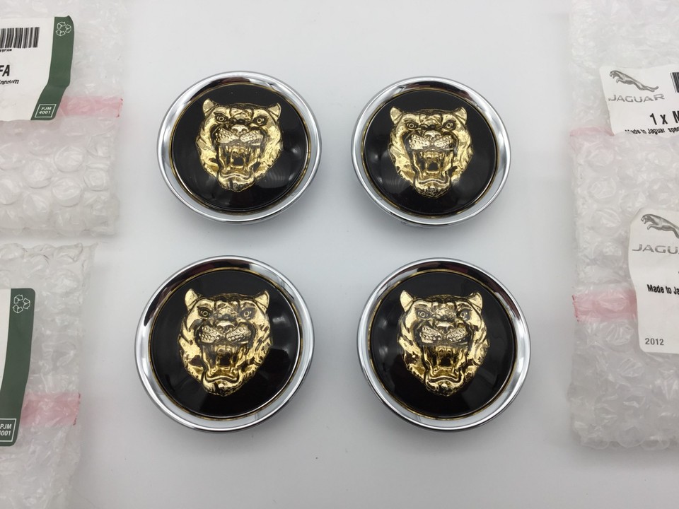 GENUINE JAGUAR BLACK / GOLD ALLOY WHEEL CENTRE CAP BADGES NEW MNA6249FA ...