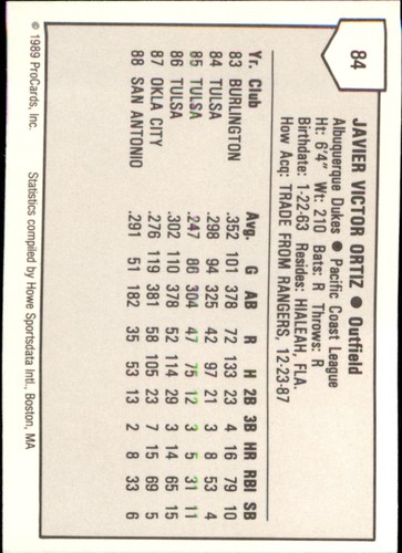 Javier Ortiz 1989 ProCards Minor League T/S #84 RC Albuquerque Dukes ...