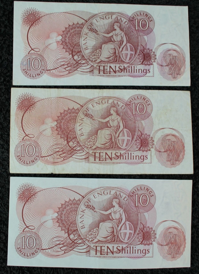 LOT of 3 x BANK of ENGLAND TEN SHILLING NOTES 10/- BANKNOTES 1950/60s ...