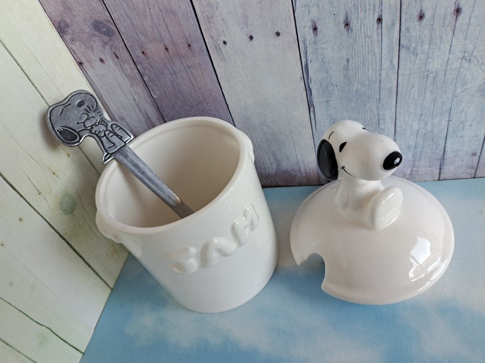 1958 1966 UFSInc DEAL Ceramic SNOOPY JAM JAR 2 SPOONS 1Snoopy Hugging ...