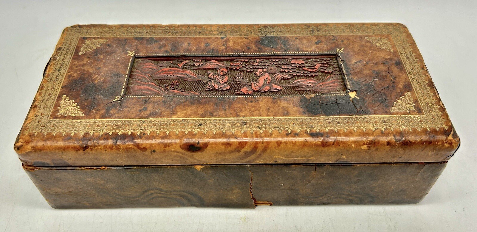 Antique Chinese Box, Leather Clad w/ Finely Carved Red Lacquer Garden ...