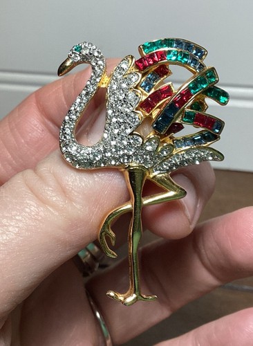 Vintage Gold Tone Rhinestone Flamingo Brooch Pin Bird Blue Red Green | eBay