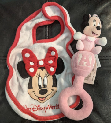 Disney Parks Minnie Mouse Bib & Plush Baby Jingle Rattle set Disneyland ...