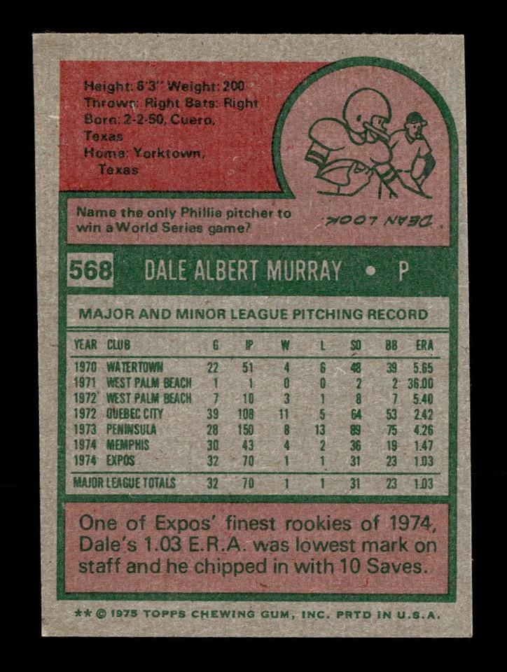1975 Topps #568 Dale Murray Montreal Expos Rookie RC VG-EX+ Baseball ...