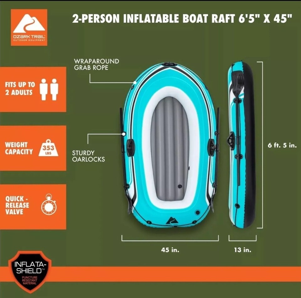 Ozark Trail 77x 40.16" Recreational 2 Person PVC Blue Inflatable Raft ...
