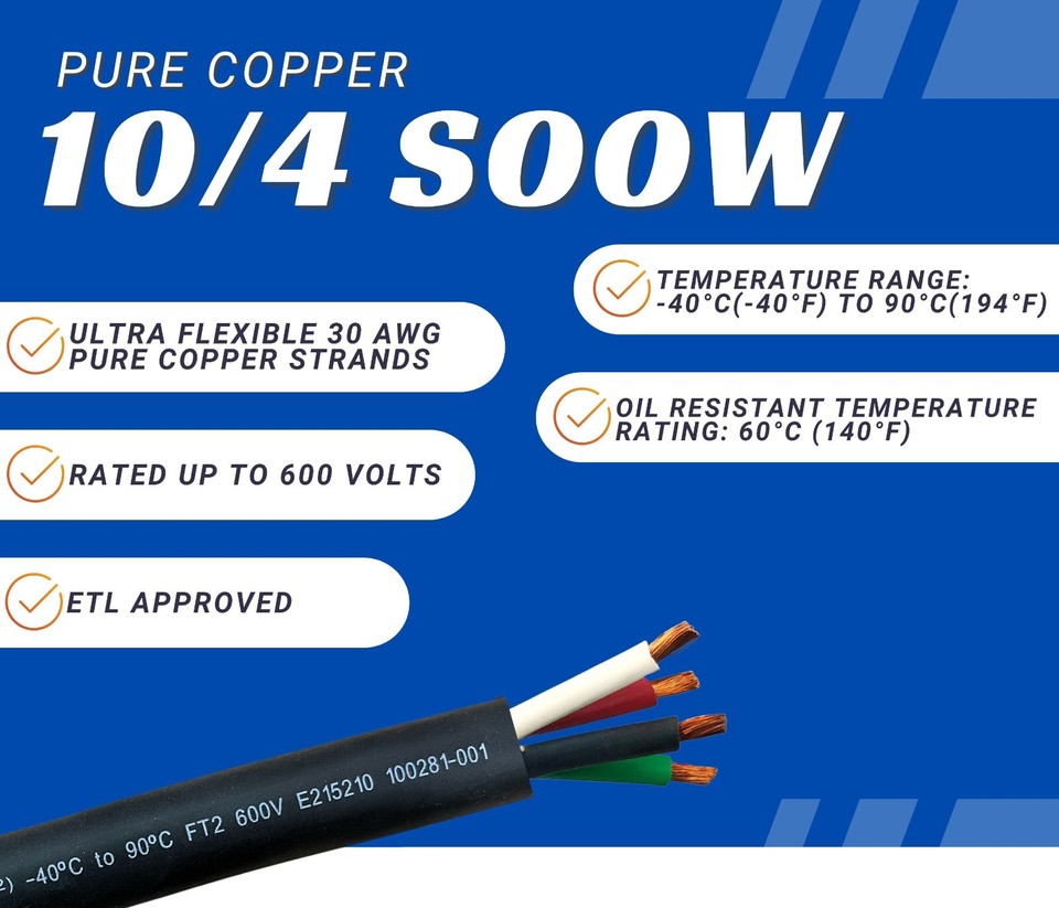 50 Ft. 10/4 10 AWG Gauge 4 Conductor SOOW Cable Wire 600V Portable ...
