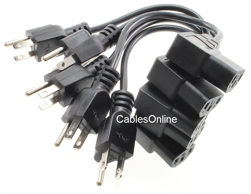 5-Pack 1ft Right-Angle AC 3-Prong Power Cables, NEMA 5-15P / IEC320 C13 ...