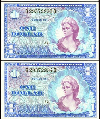 2 Consecutive MPC Series 661 Military Payment Certificate $1 Dollar ...