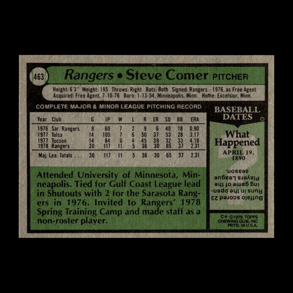 Steve Comer 1979 Topps Rookie Texas Rangers #463 Nice Vintage! | eBay