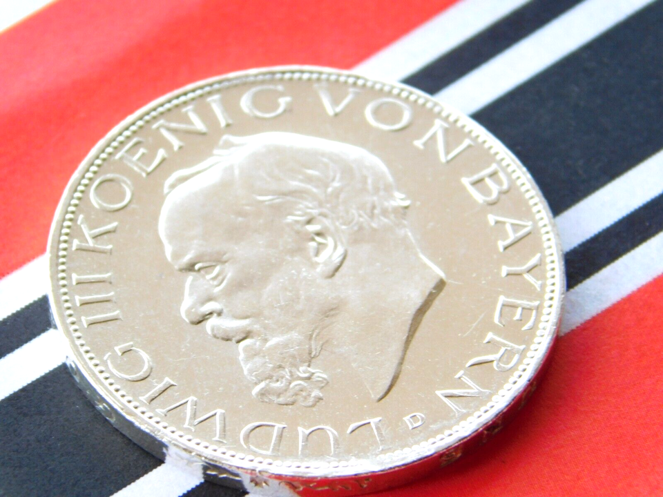 GERMAN 3 MARK 1914 D BAVARIA KING LUDWIG III. Silver Coin EMPIRE WW1 ...