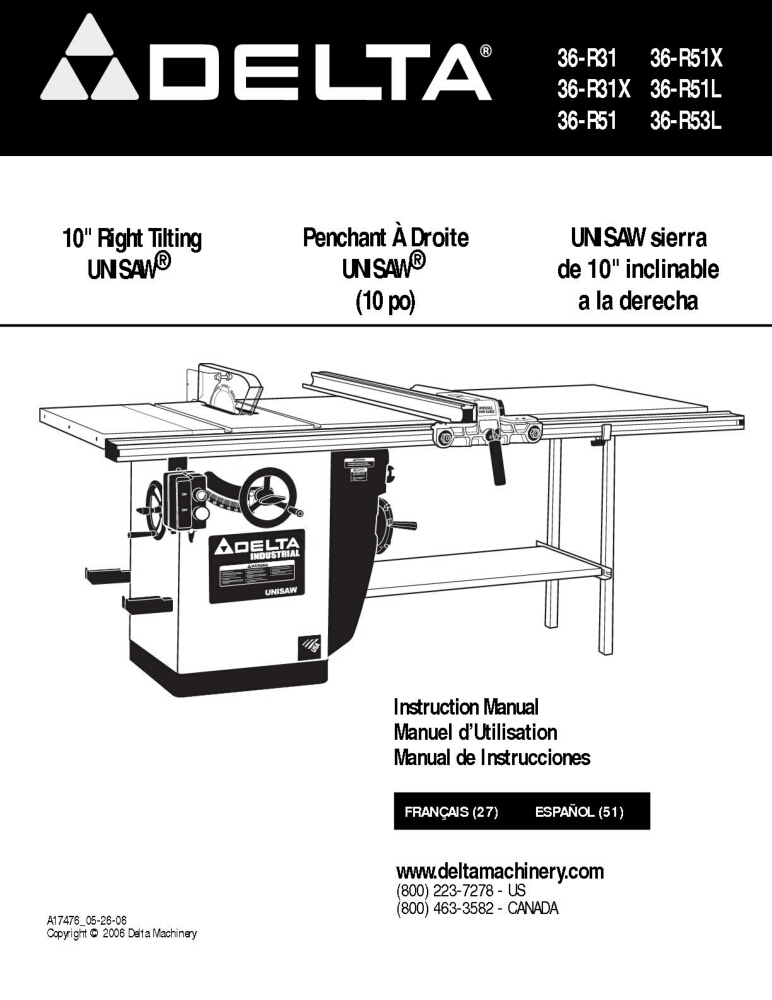 Delta 36-R31 R31X R51 R51X R51L R53L Right Tilting Unisaw Instruction ...