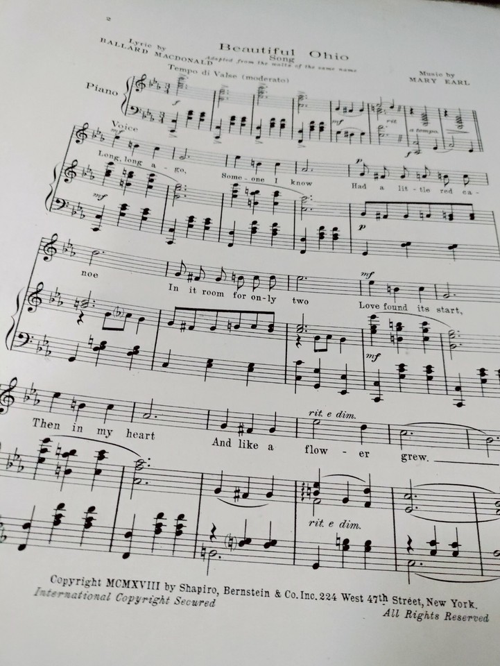 SHEET MUSIC BEAUTIFUL OHIO SONG 1918 | eBay