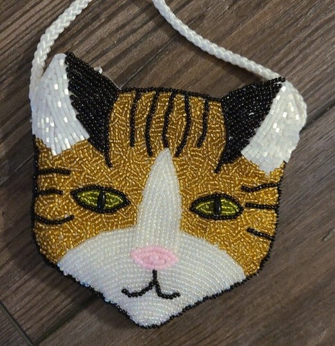 Beaded Purse Kitten Cat Kitty Crossbody Coin Micro bead gold white face ...