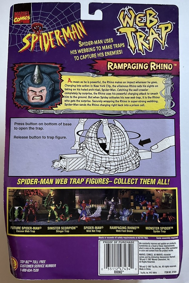 VINTAGE MARVEL SPIDER-MAN WEB TRAP RAMPAGING RHINO TOYBIZ NEW 1997 #2 ...