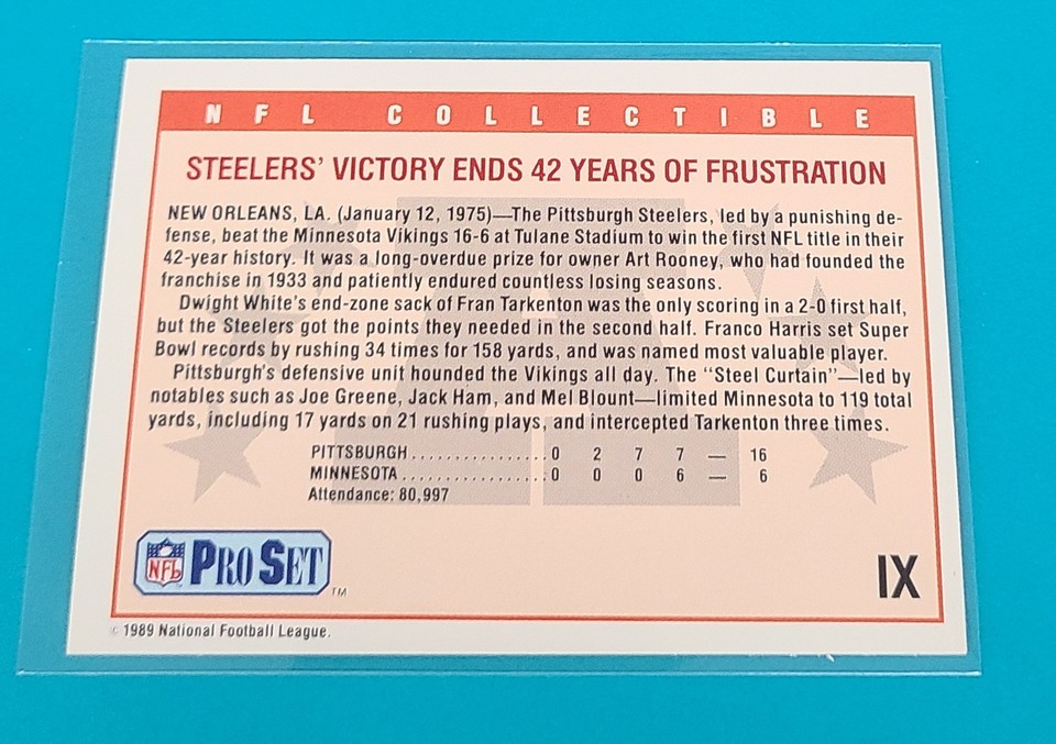 1989 Pro Set SB Logos #IX Super Bowl IX Steelers / Vikings Football ...