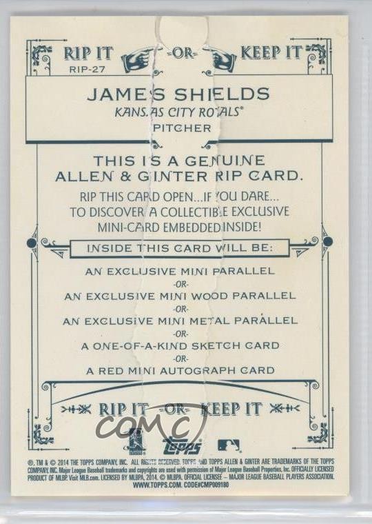 2014 Topps Allen & Ginter's Rip Cards Ripped /75 James Shields #RIP-27 ...
