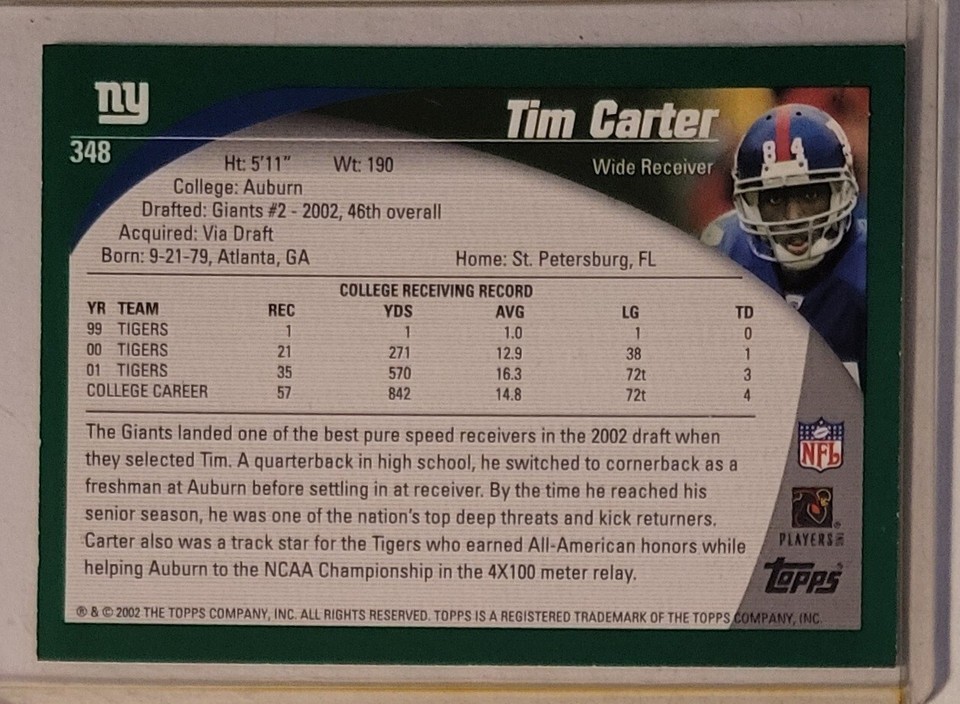 2002 Topps Rookie #348 Tim Carter New York Giants Football Card | eBay
