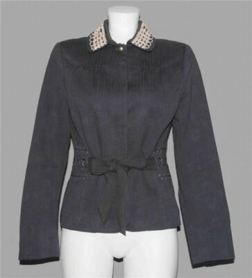 NOA NOA Front Tie Embroidered Back Gimp Trim Collar Grey Textured ...