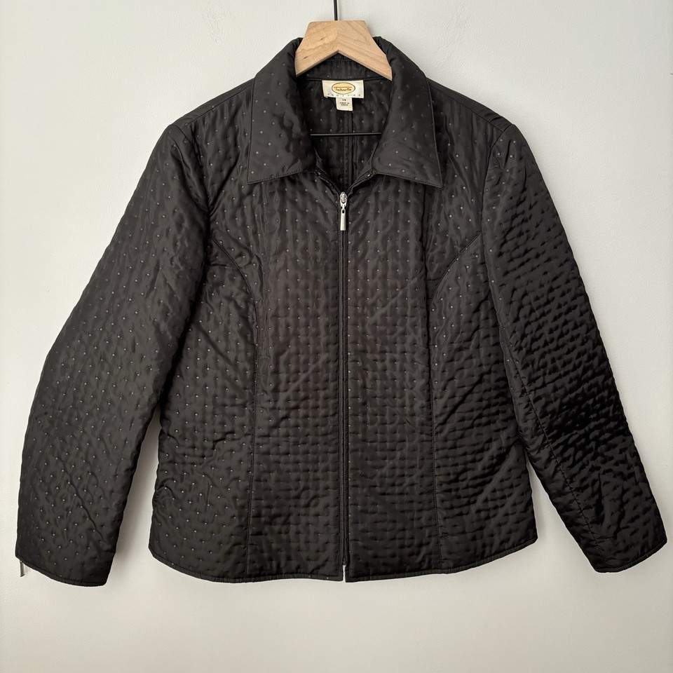 Talbots Quilted Jacket Women Petite 14 Black Zip Up Lightweight Fitted ...