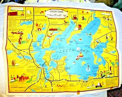 VINTAGE LOVELY CARTOON MAP LEECH LAKE MINNESOTA BY FRANK ANTONCICH 1940 ...