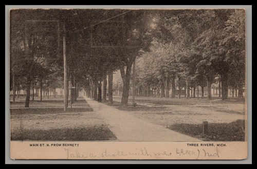 Vintage THREE RIVERS MICHIGAN Main Street N. from Bennett St Park Scene ...