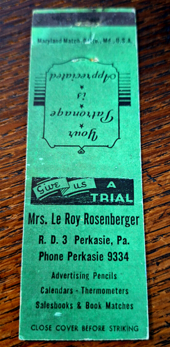 Vintage Matchbook: Mrs Le Roy Rosenberger, Perkasie, PA Advertising ...