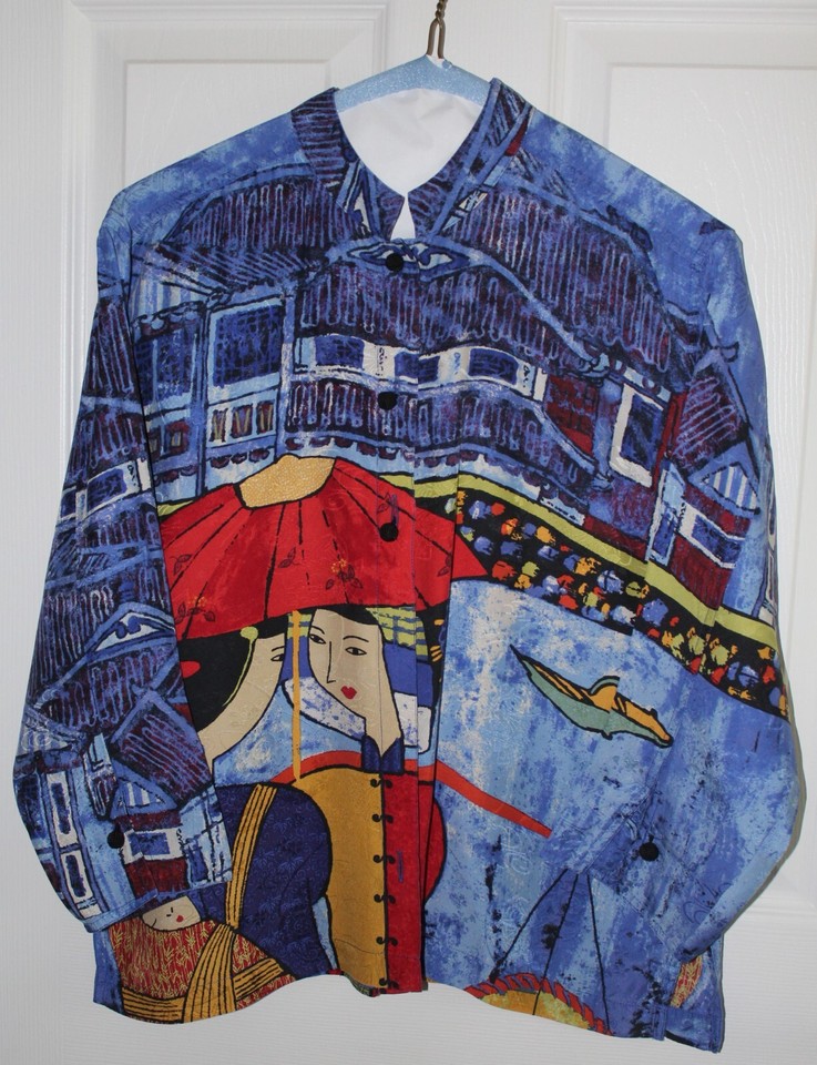 Chico's Design Womens Silk Blouse / Jacket Geisha Art Blue Background ...