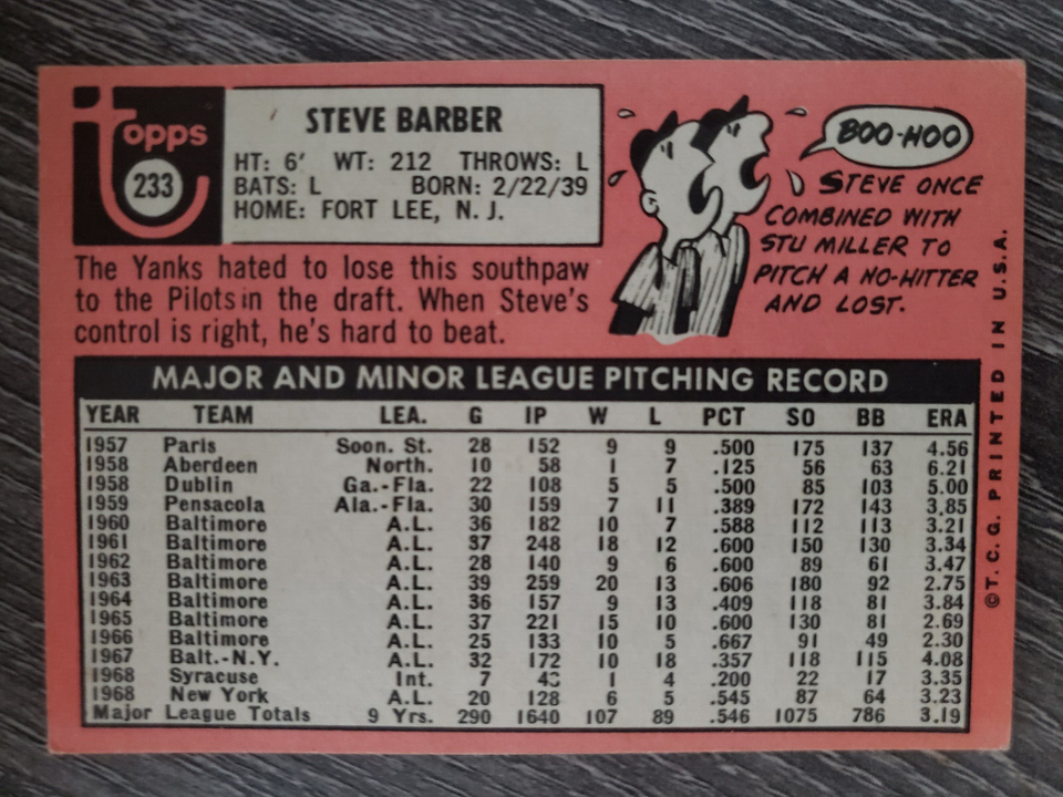 1969 Topps Steve Barber Baseball Card #233 Seattle Pilots | eBay