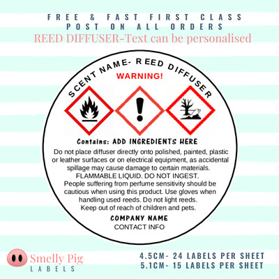 Personalised REED DIFFUSER safety warning stickers labels CLP | eBay UK