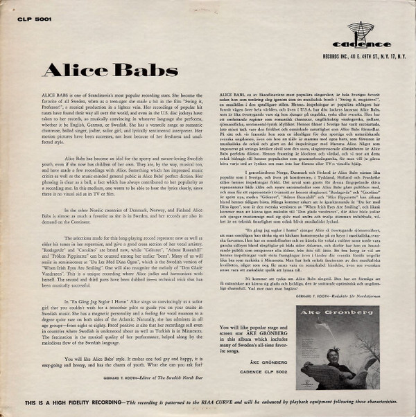 Alice Babs - Alice Babs 1957 LP, Comp Cadence (2) CLP 5001 Very Good ...