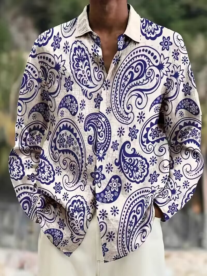 Buttons Up Shirt Mens White Blue Paisley Long Sleeve Fashion Dress ...