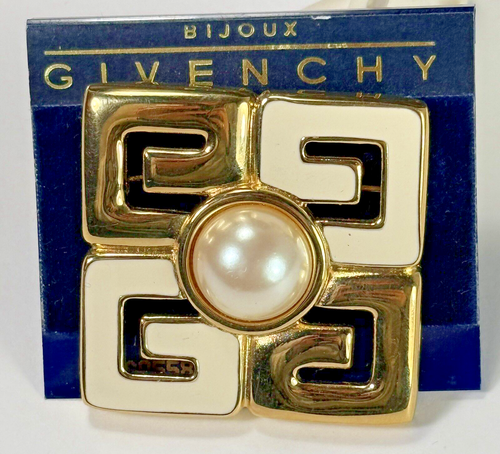 Givenchy Gold Tone Enamel Logo Statement Brooch Pin Square Faux Pearl ...