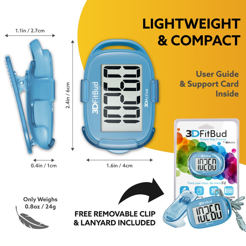 3DFitBud Simple Step Counter Walking 3D Pedometer with Clip and Lanyard ...