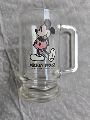 Vintage Walt Disney Productions Mickey Mouse Glass Mug With Handle Sick ...