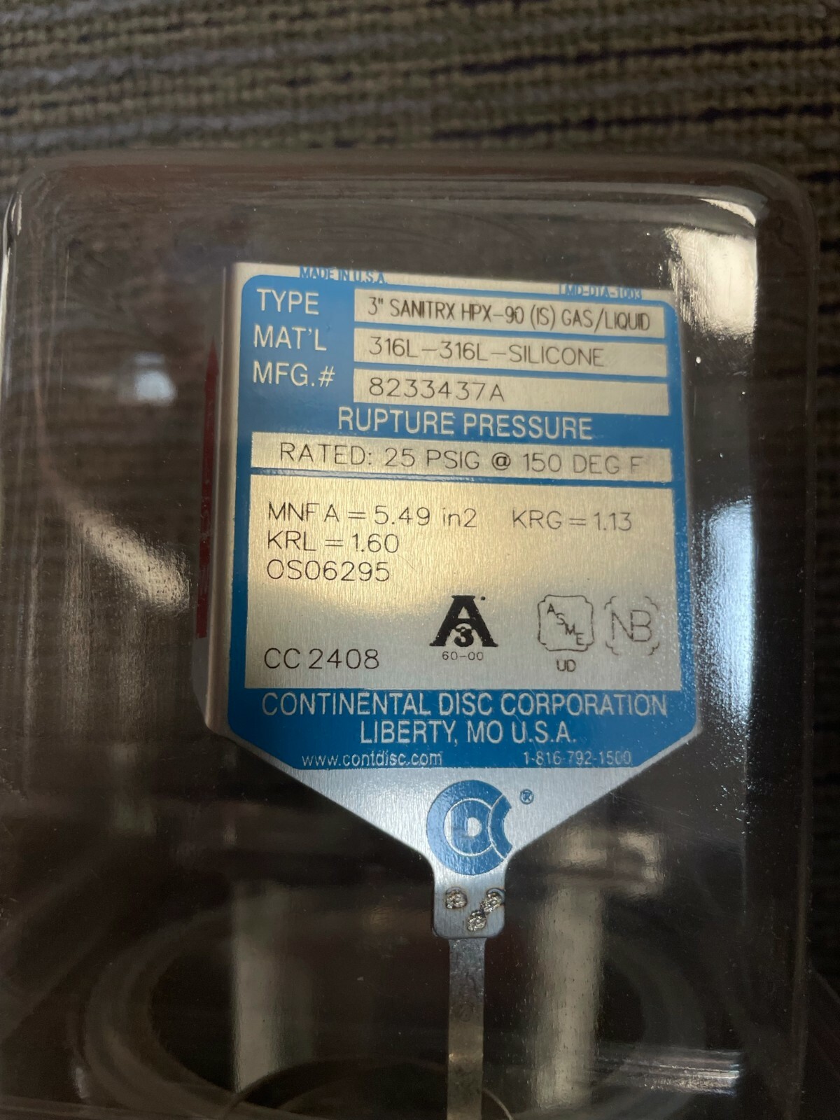 CONTINENTAL DISC CORP. 8233437A TYPE: SANITRX HPX-90 3" RUPTURE DISC ...