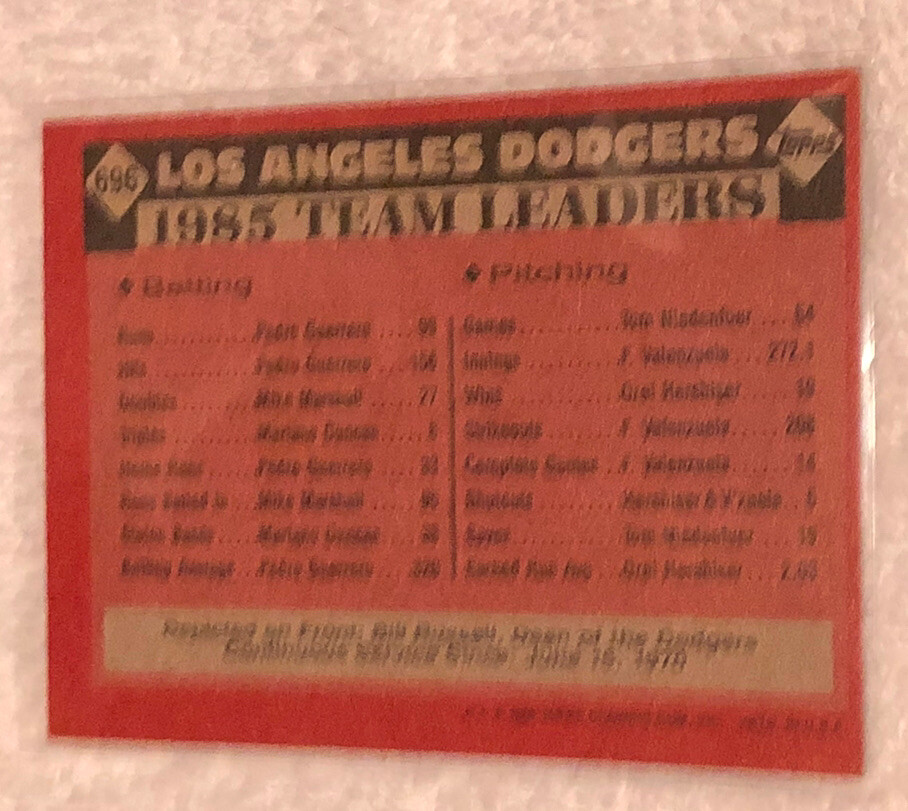 1986 Topps #696 Dodgers Leaders (Bill Russell) TL Los Angeles Dodgers ...