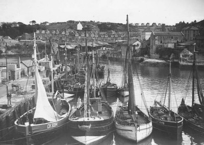 Fishing boats moored in Brixham Harbour Devon Historic 1950s Old Photo ...