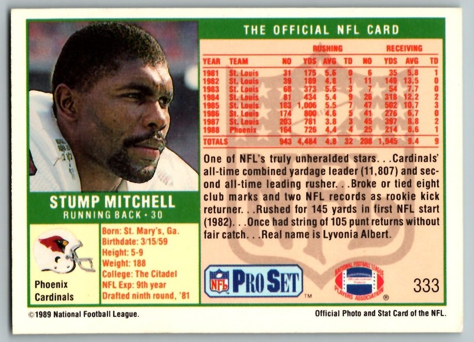 1989 PRO SET STUMP MITCHELL PHOENIX CARDINALS #333 | eBay