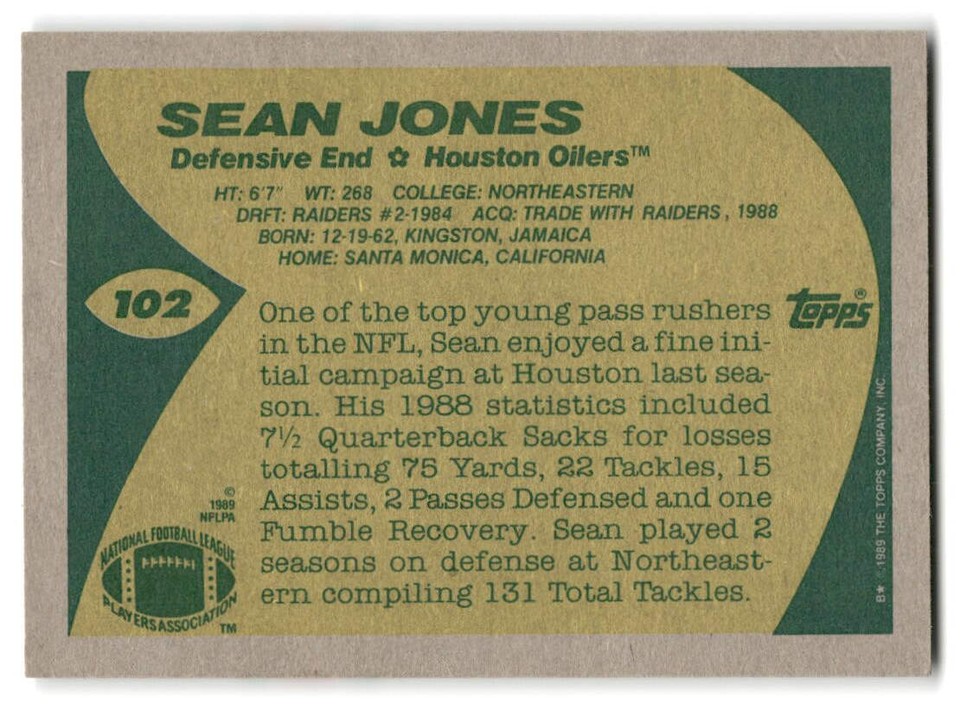 Sean Jones 1989 Topps FOOTBALL #102 Houston Oilers | eBay