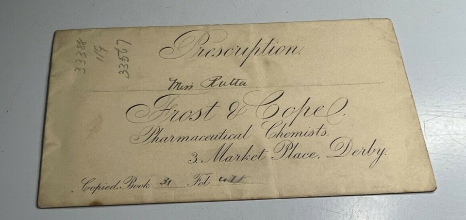 Antique Prescription Envelope Frost & Cope Chemists Derby To Miss ...