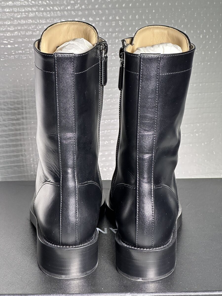 CHANEL WOMEN BLACK LEATHER LACE UP/SIDE ZIPPER COMBAT BOOTS CHANEL WOMEN BLACK LEATHER LACE UP/SIDE ZIPPER COMBAT BOOTS