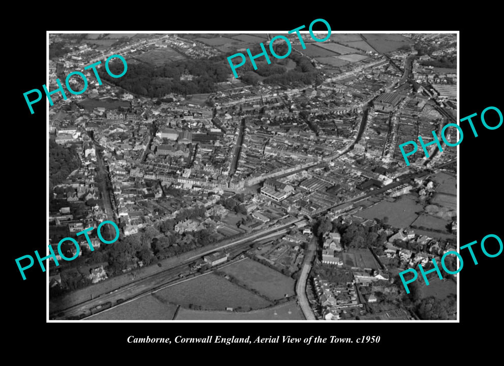 OLD POSTCARD SIZE PHOTO CAMBORNE CORNWALL ENGLAND AERIAL VIEW SHOWING ...