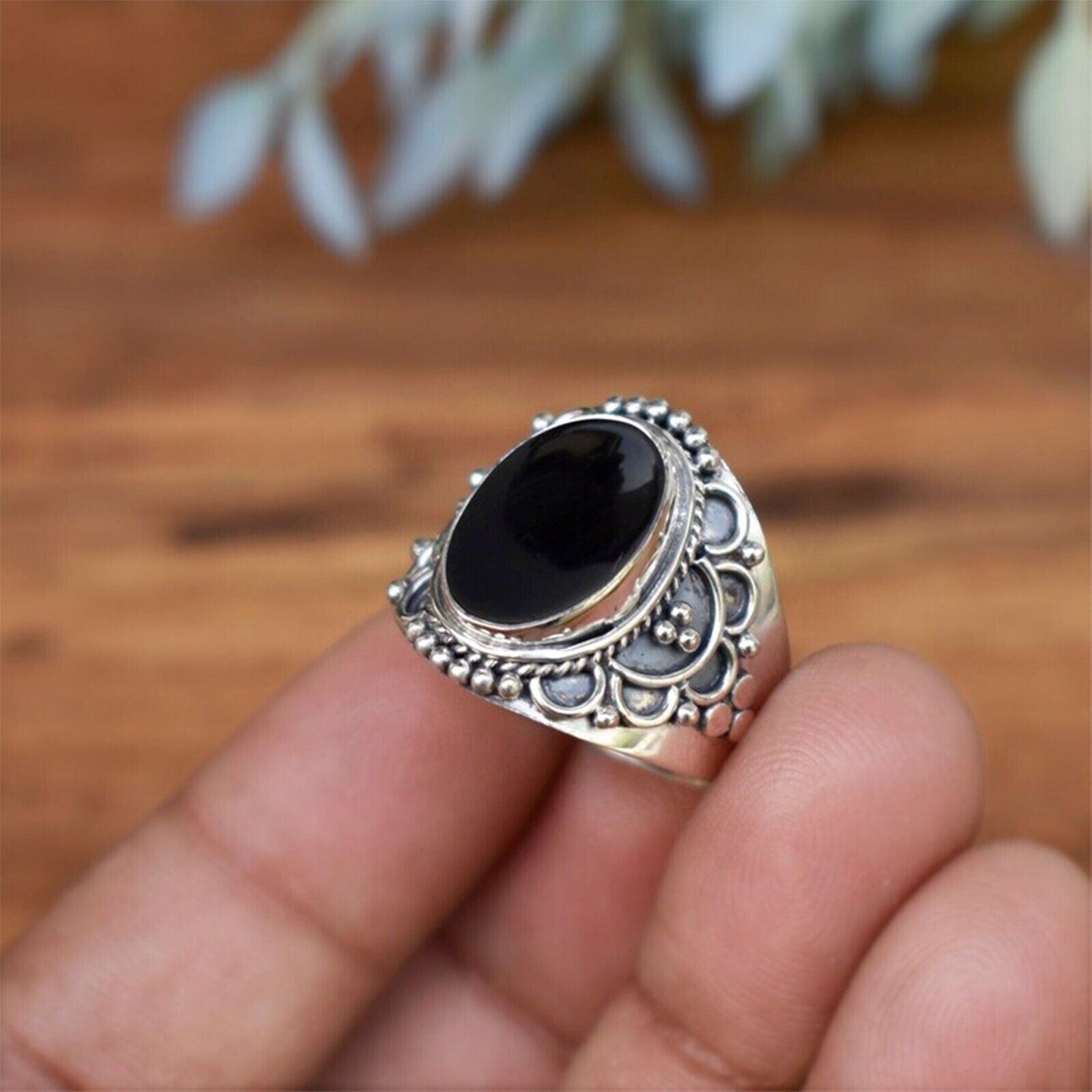 Black Onyx Gemstone Ring 925 Sterling Silver Handmade Statement Ring ...
