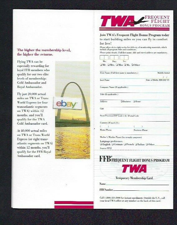 TWA TRANS WORLD AIRLINE FREQUENT FLYER BONUS PROGRAM APPLICATION ...
